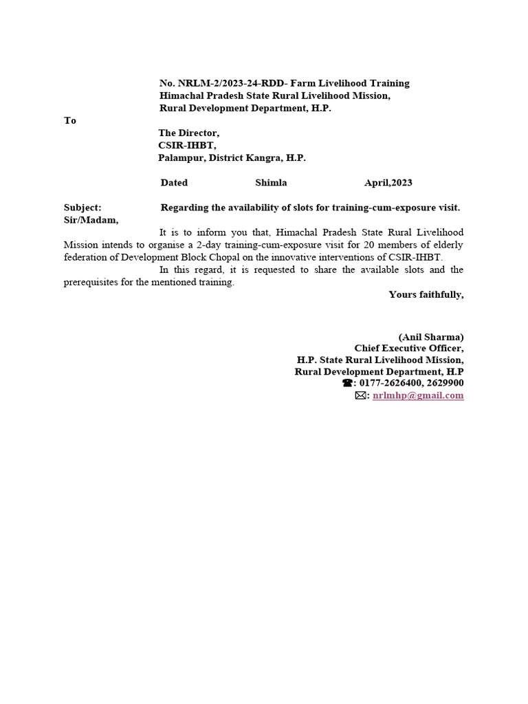 Letter Regarding Availability of Slot For Training Cum Exposure Visit | PDF