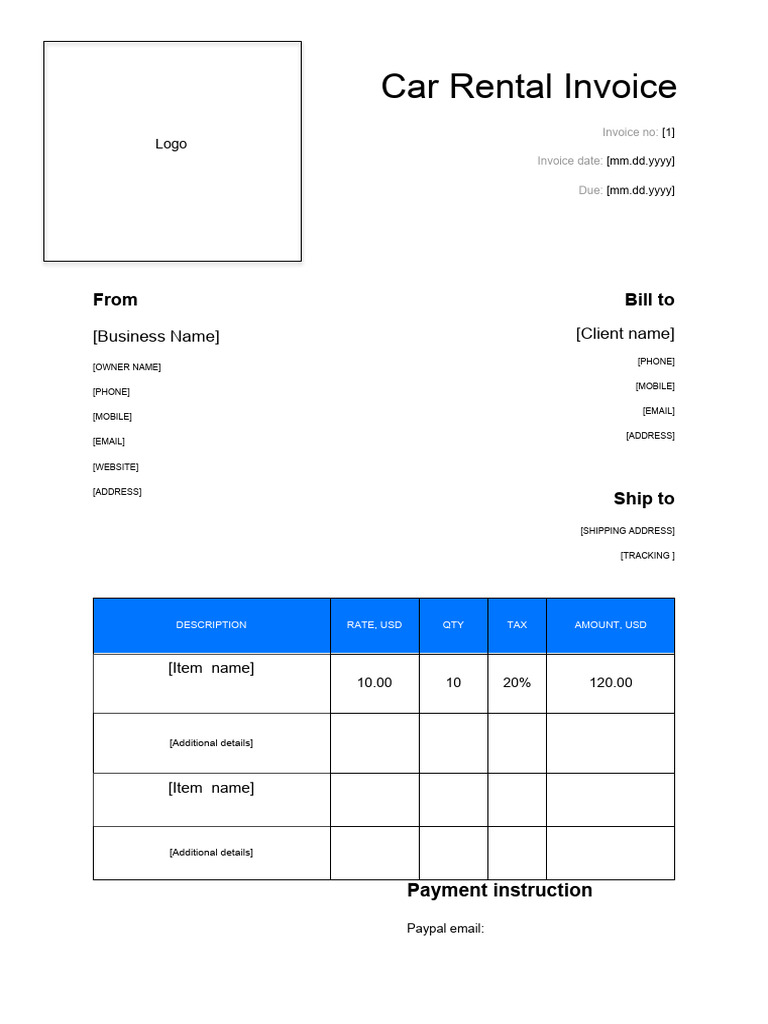 Car Rental Invoice Template Word | PDF