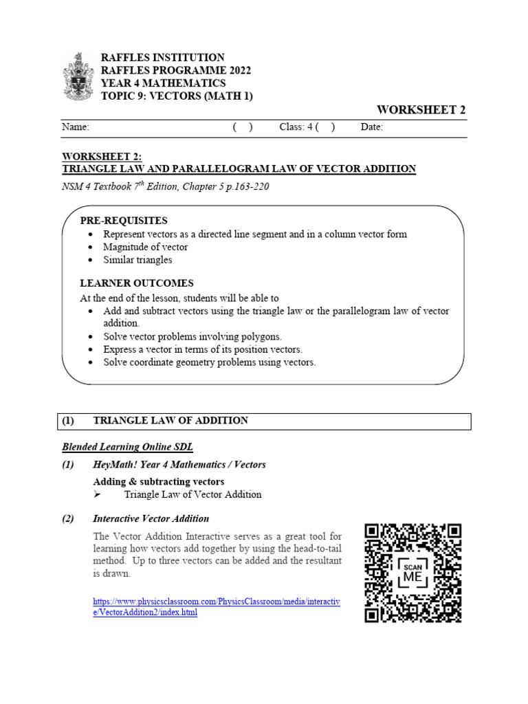 02 WS2 Triangle Law and Parallelogram Law of Vector Addition | PDF | Euclidean Vector ...