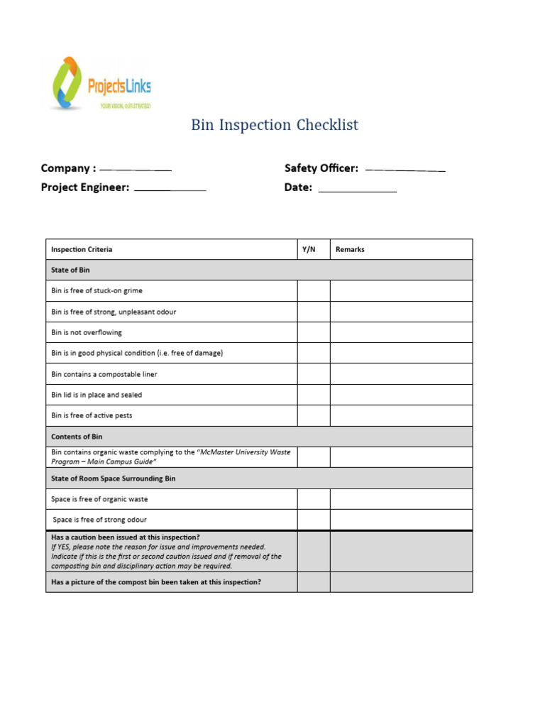 Trash Bin Checklist Pdf