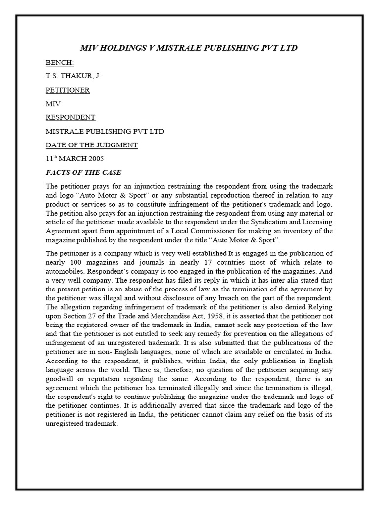Miv Holdings V Mistrale Publishing PVT LTD | PDF | Trademark | License