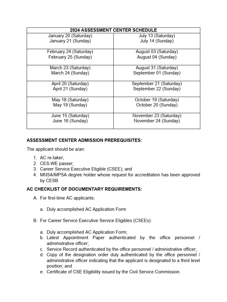 2024 Assessment Center Schedule and Requirements | PDF