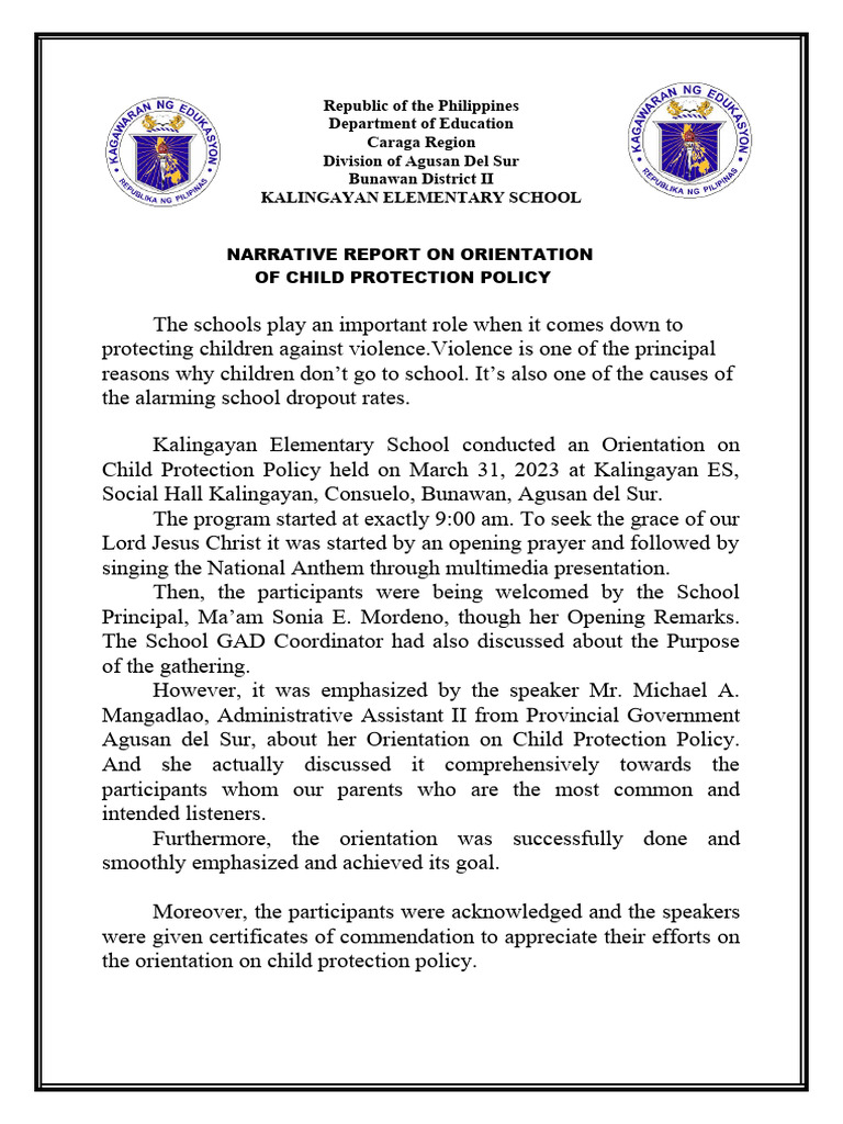 Narrative Report - Child Protection Policy | PDF