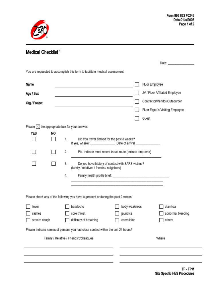 (IDCP) Medical Checklist | PDF | Health Sciences | Diseases And Disorders