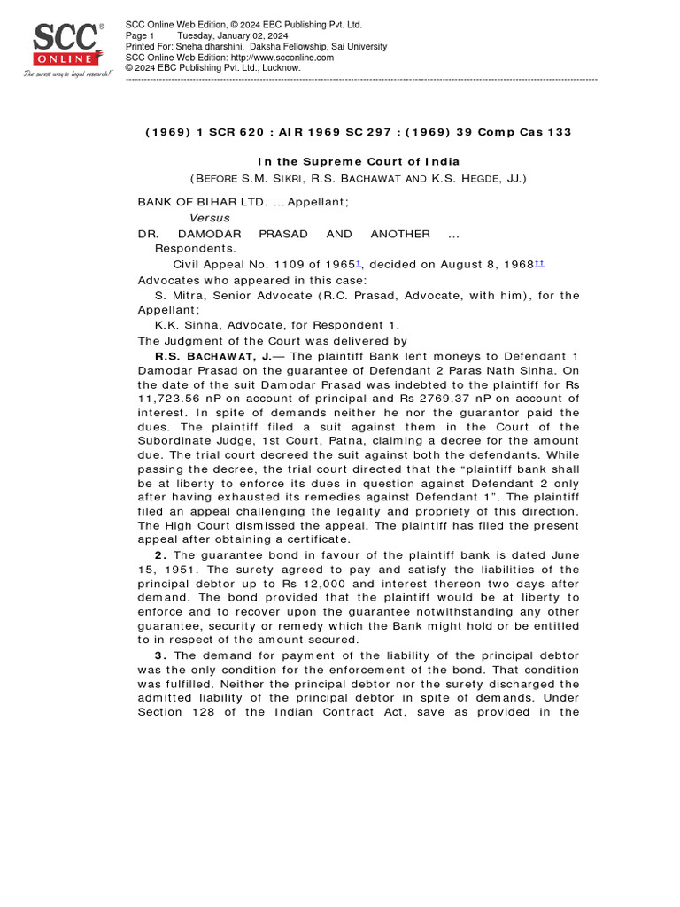 J 1969 1 SCR 620 AIR 1969 SC 297 1969 39 Comp Cas 13 Snehadharshinis27 ...