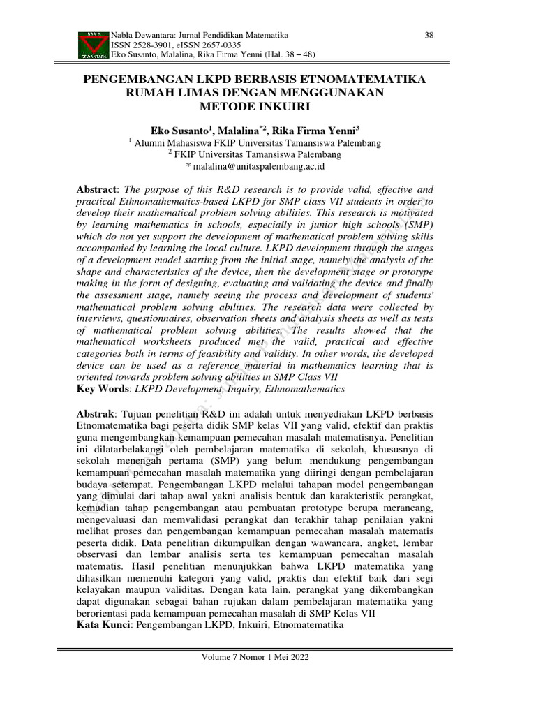 Pengembangan LKPD Berbasis Etnomatematika Rumah Limas Dengan Menggunakan Metode Inkuiri | PDF ...