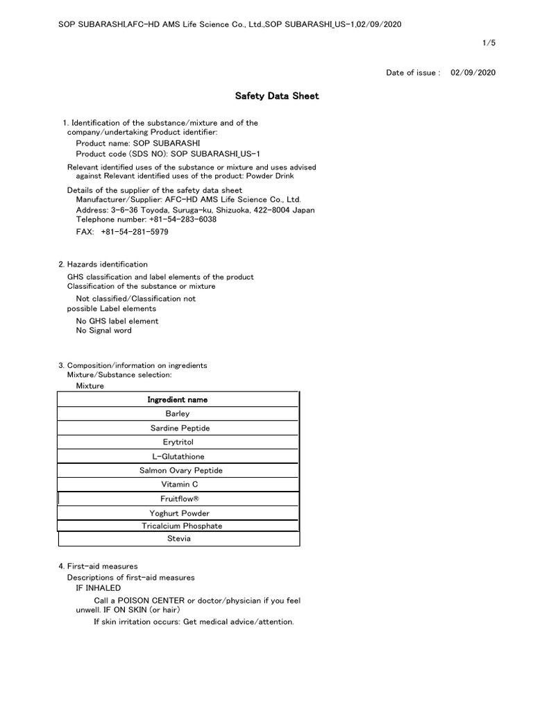 Sop Subarashi - Us-1 (MSDS) | PDF | Dangerous Goods | Firefighting