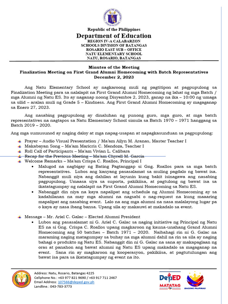 Minutes of The Finalization Meeting On 1st Grand Alumni Homecoming Natu ...