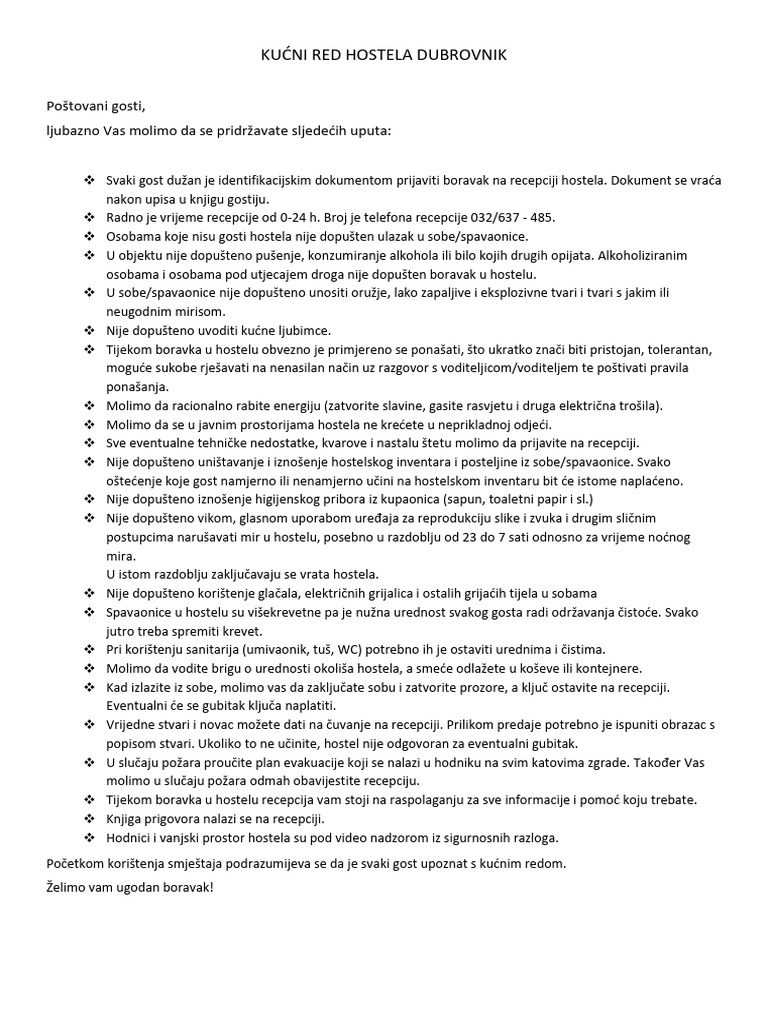 Kućni Red Hostela Dubrovnik | PDF