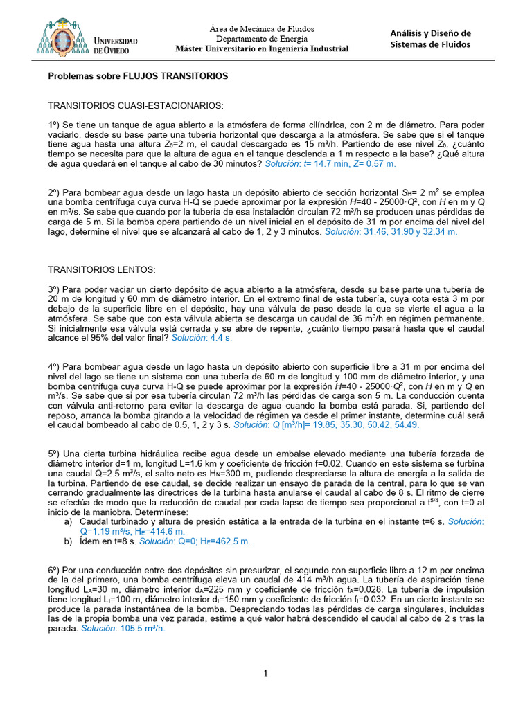 ADSF Ejercicios Flujos Transitorios | PDF | Bomba | Presión