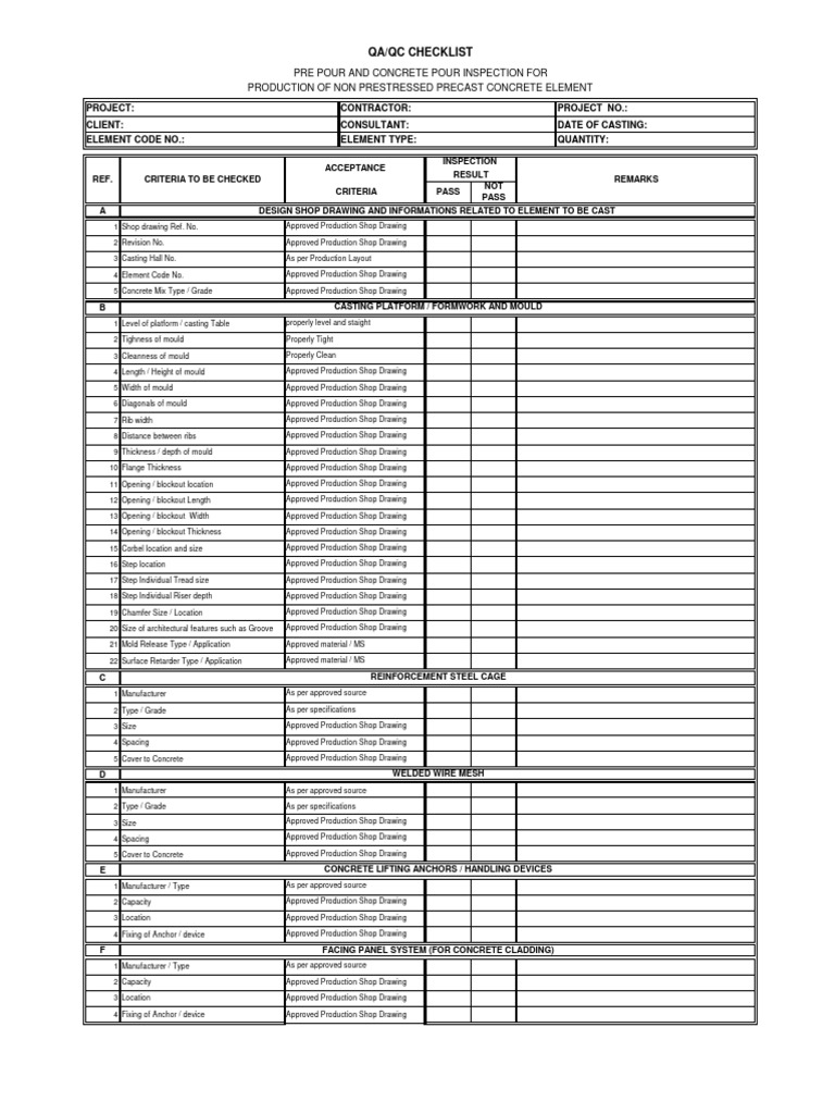 Pre Pour Inspection Checklist | PDF | Concrete | Precast Concrete