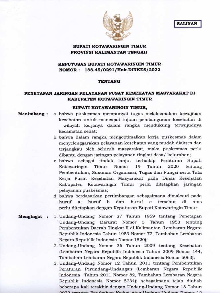 Penetapan Jaringan Pelayanan Puskesmas Di Kab. Kotim | PDF