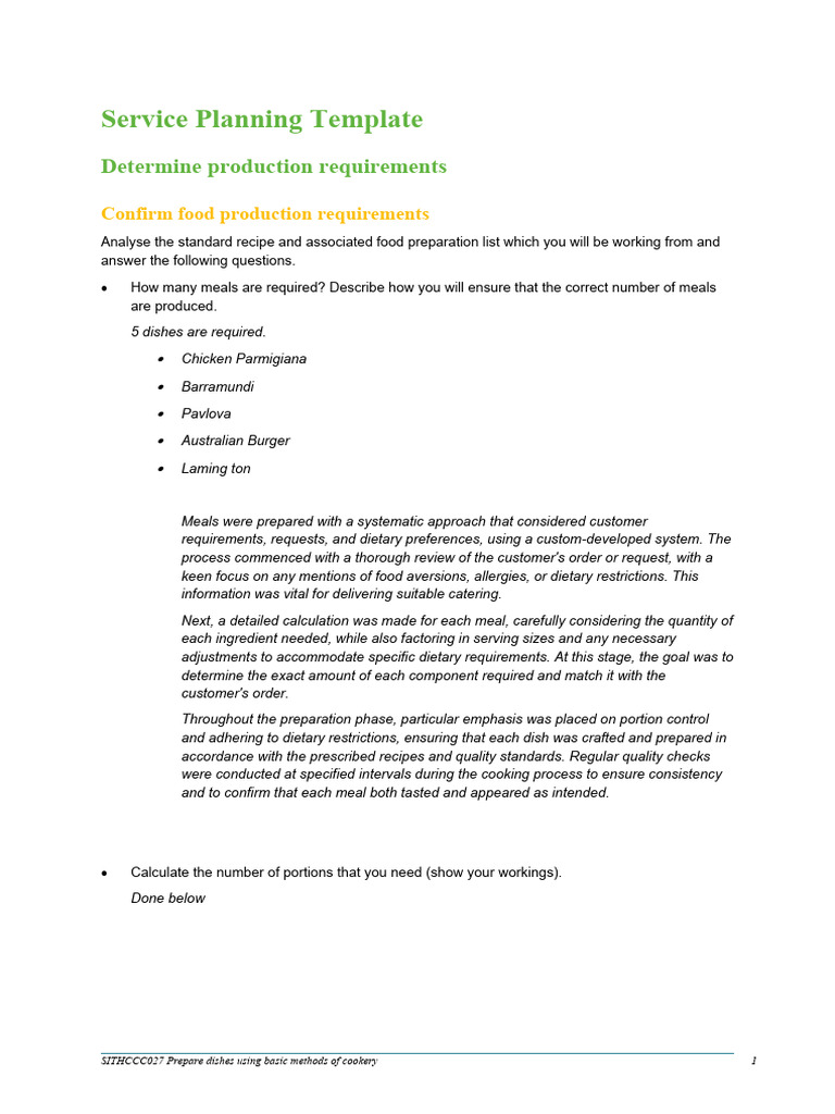 SITHCCC027 Service Planning Template | PDF | Cakes | Hamburgers