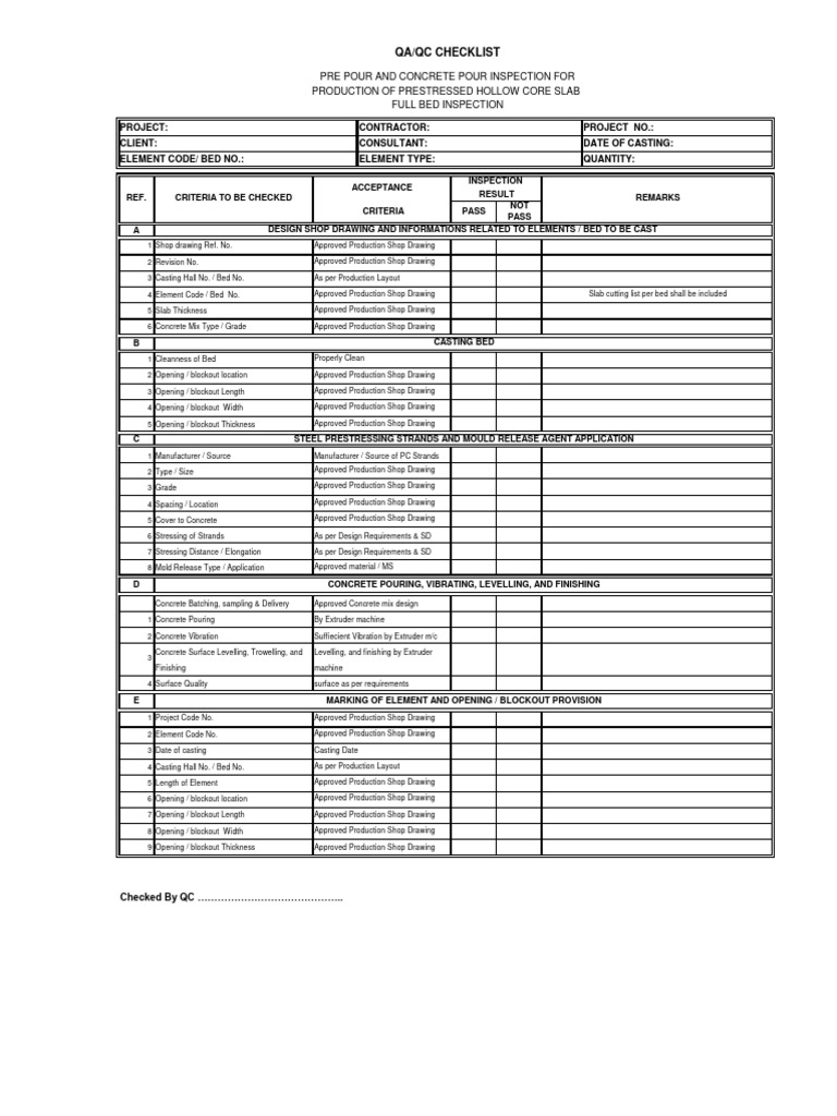 Pre Pour Inspection Checklist For HCS | PDF