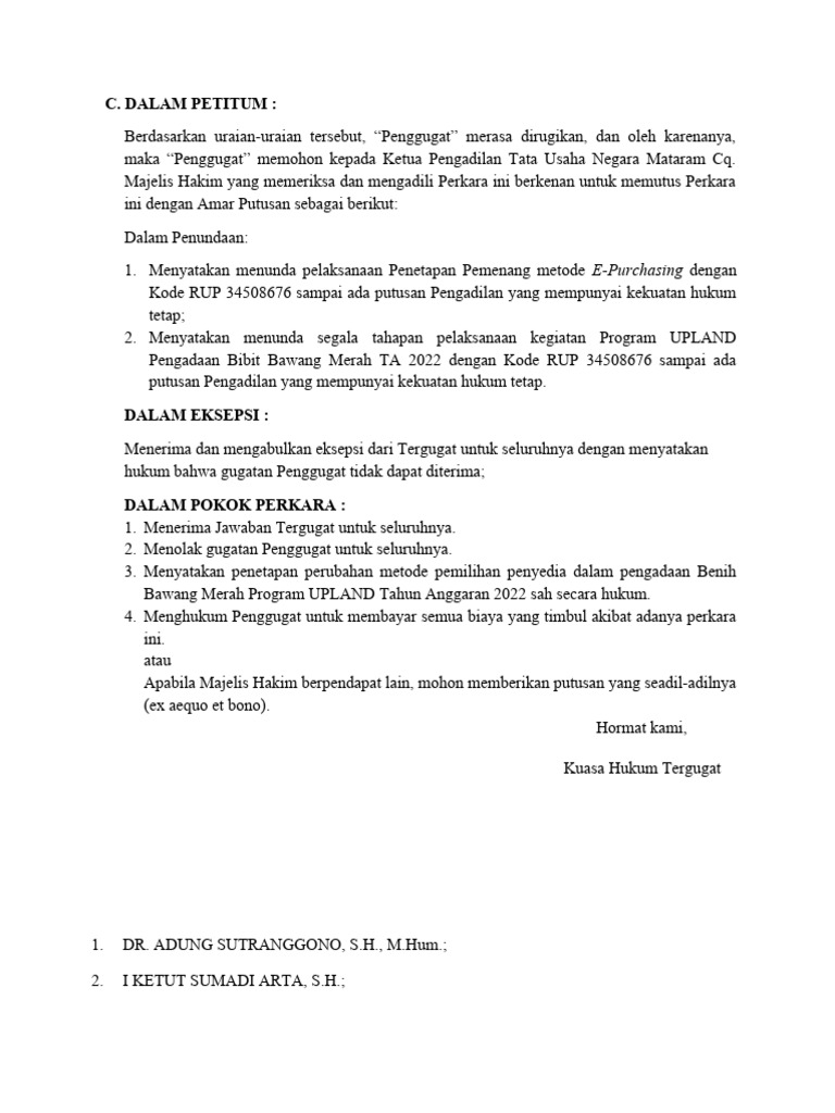 Petitum, Eksepsi, Dalam Pokok Perkara | PDF