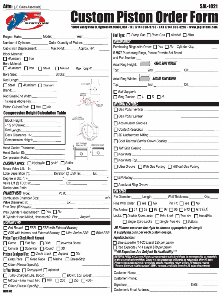 JE Custom Piston Order Form | PDF | Piston | Propulsion