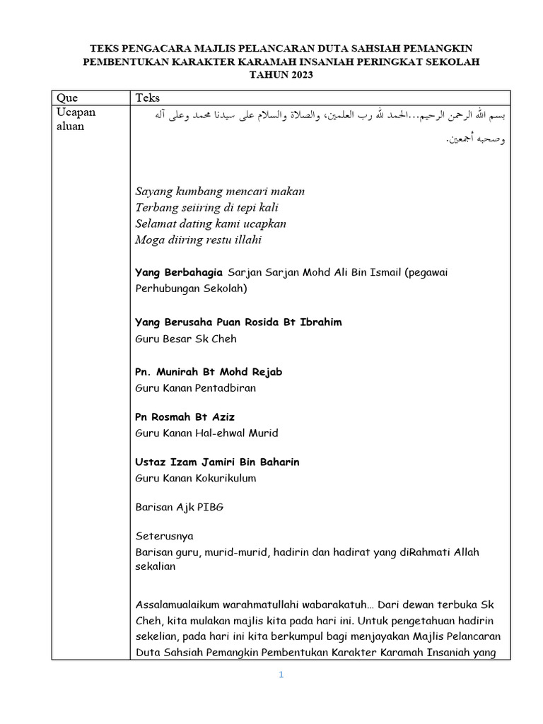 TEKS PENGACARA MAJLIS PELANCARAN Duta Sahsiah Pemangkin Pembentukan | PDF | Karier & Perkembangan