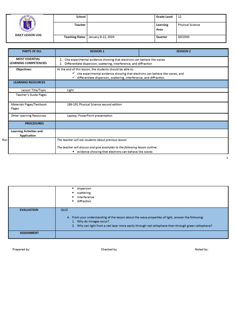 Physical Science DLL q2 (Week 4) | PDF | Diffraction | Learning