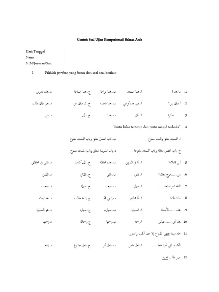 Kisi-Kisi Soal Ujian Bahasa Arab | PDF