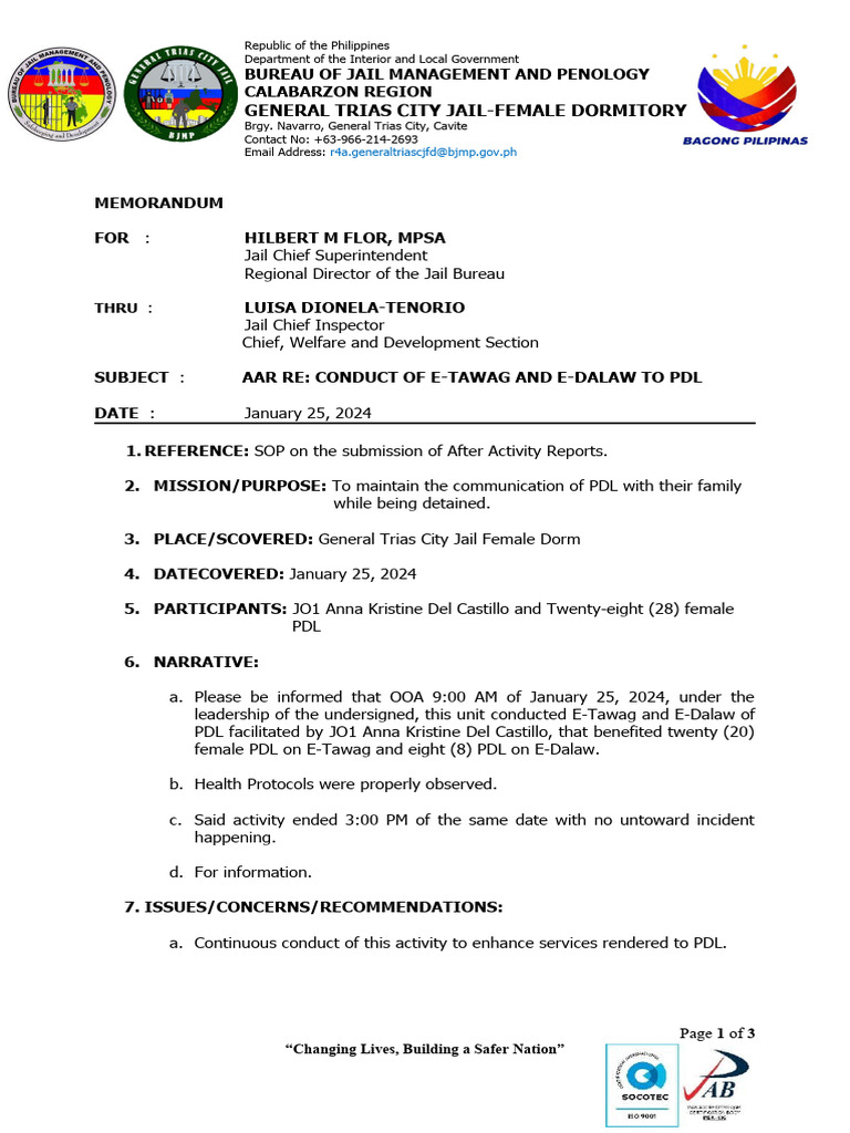 Aar Re Conduct of E-Tawag and E-Dalaw Dated 25 Jan 2024 | Download Free ...