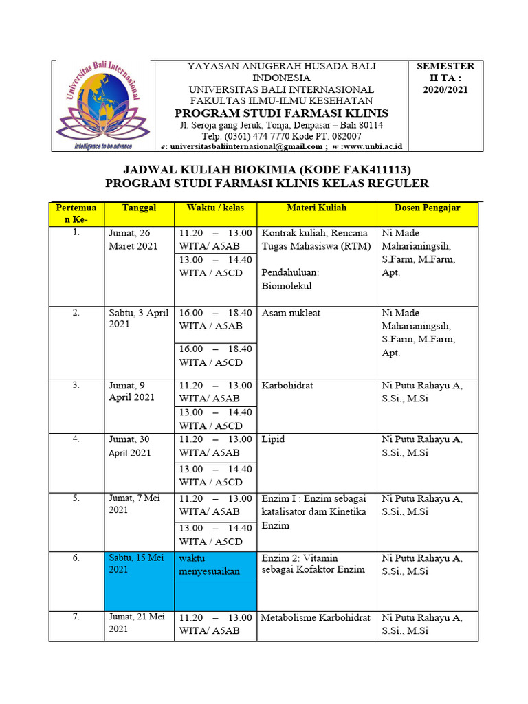 Time Table Biokimia Genap 2020 - 2021 | PDF