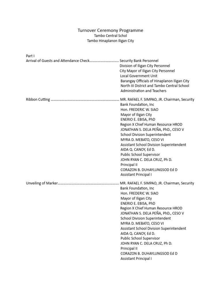 Tambo School Turnover Ceremony Program | PDF