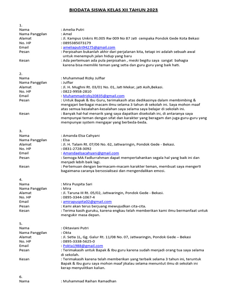 Biodata Siswa Kelas Xii Tahun 2023 | PDF
