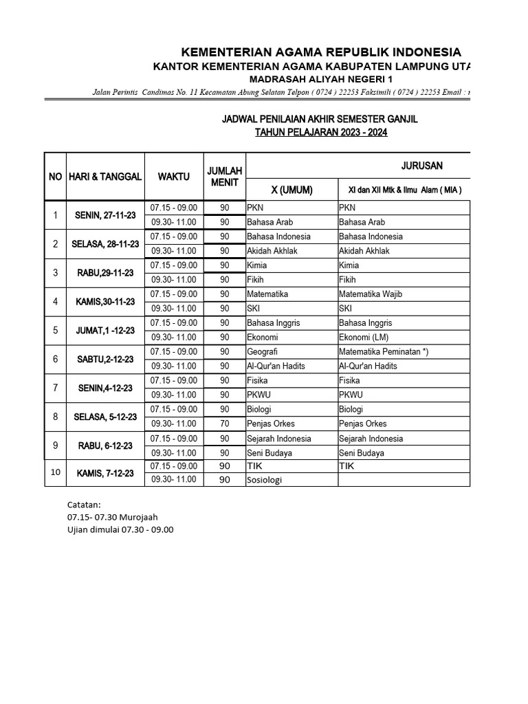 Jadwal Pas Ganjil Tp. 2023-2024 | PDF