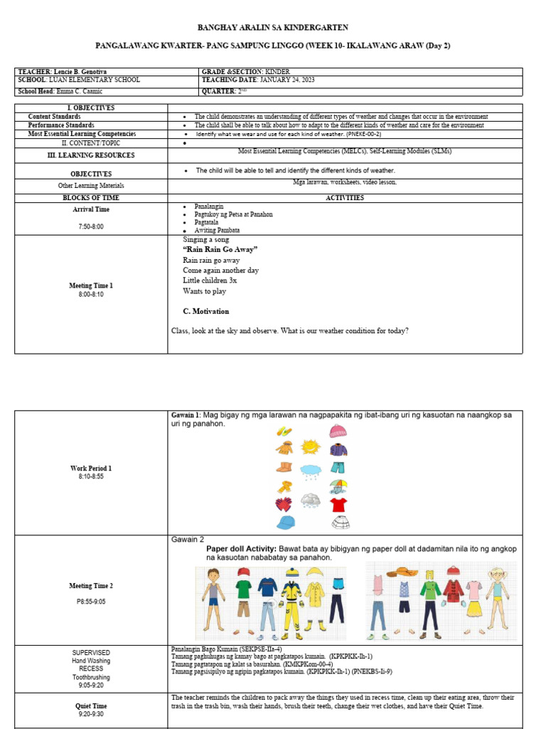Kindergarten Lesson Plan: Weather Unit | PDF | Learning | Behavior ...