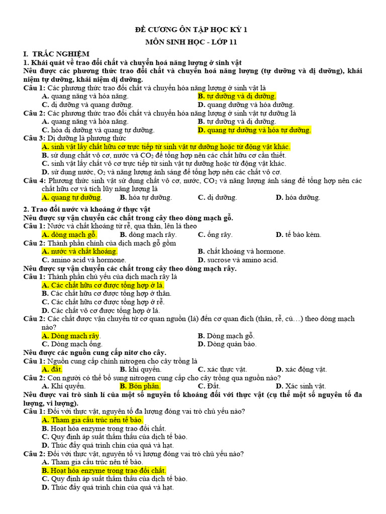 ĐỀ CƯƠNG ÔN TẬP SINH 11 HK1 | PDF