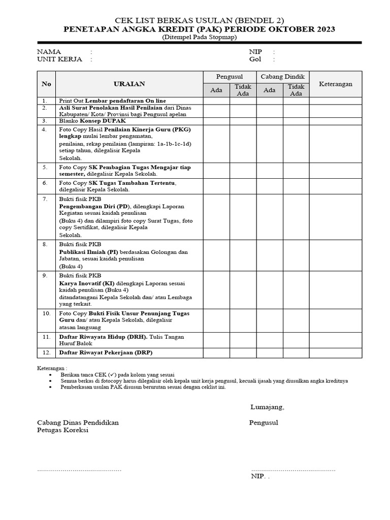 Contoh CEK LIST Berkas BENDEL 2 | PDF