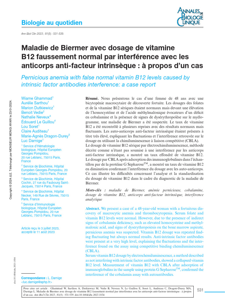 Maladie de Biermer Avec Dosage de Vitamine b12 Faussement Normal Par ...