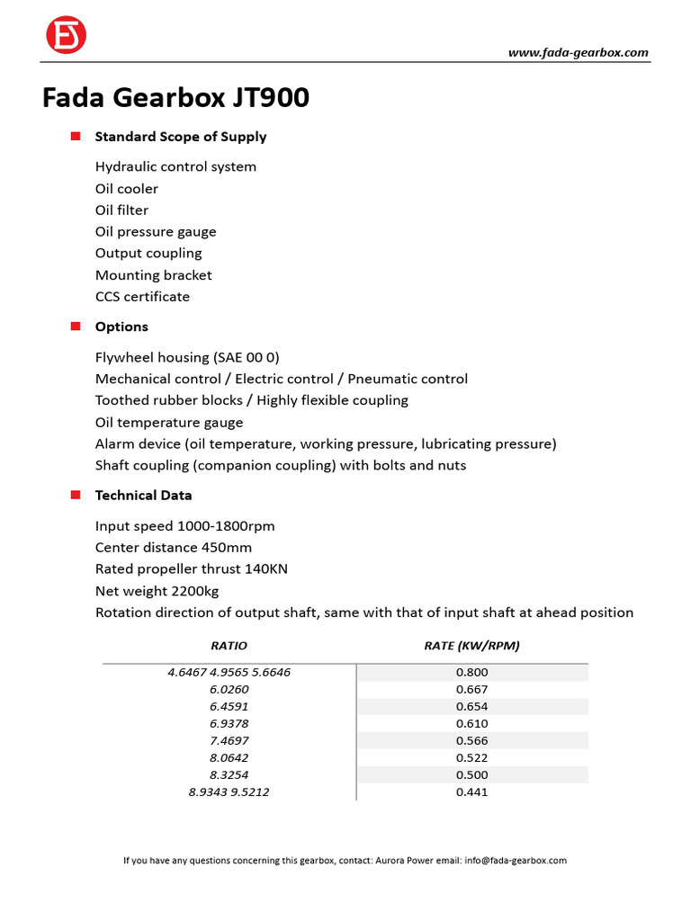Aurora - JT900 - Fada Gearbox Datasheet | PDF