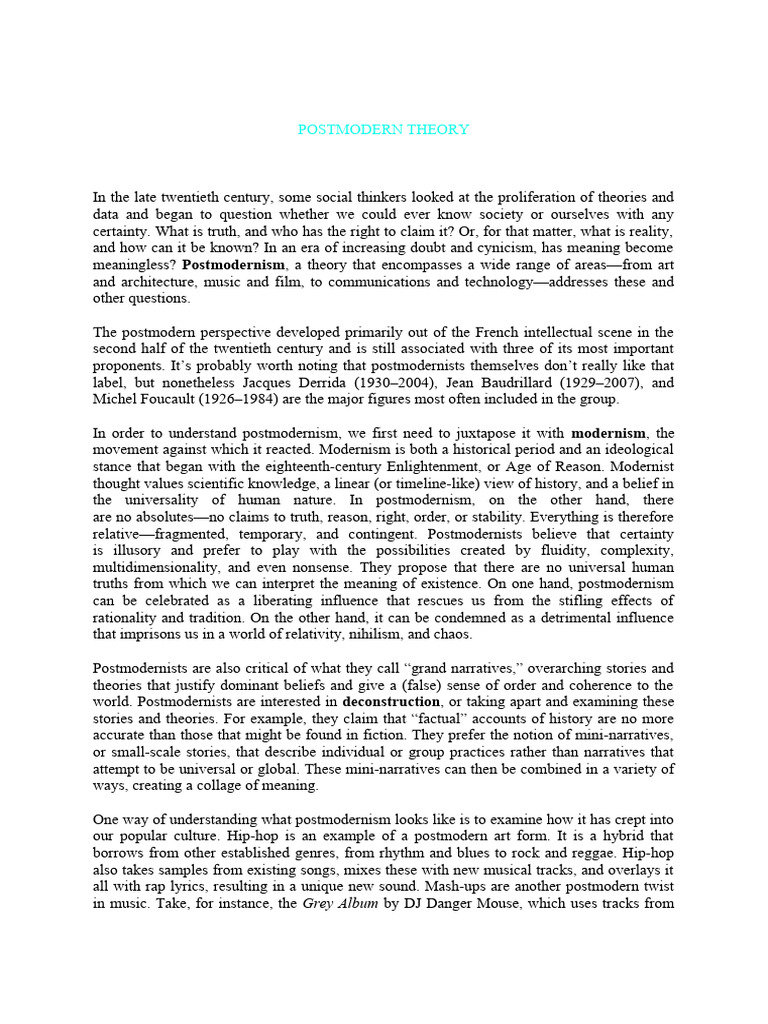 Postmodern Theory | Download Free PDF | Postmodernism | Epistemology Postmodern Theory | Download Free PDF | Postmodernism | Epistemology