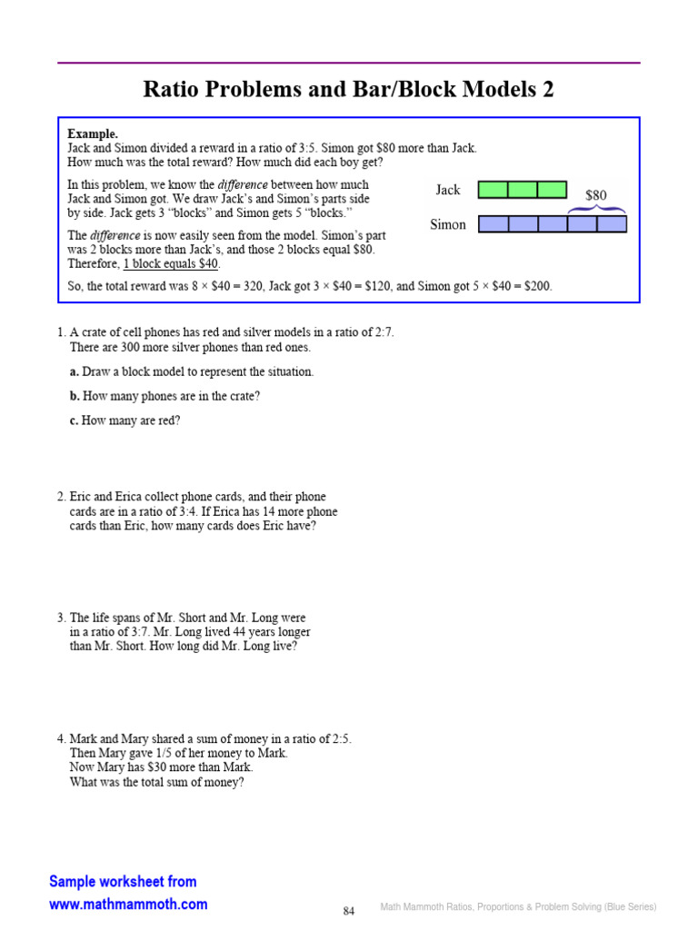 Ratios Proportions Problem Solving Ratio Problems Bar-Block Models2 | PDF