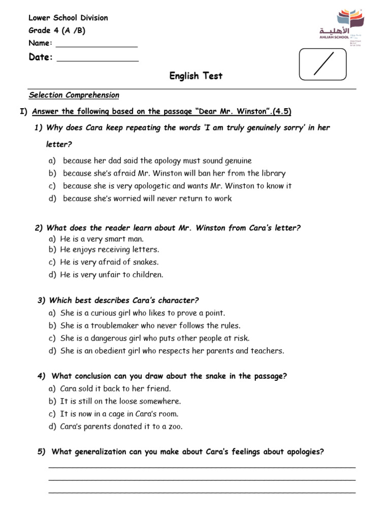 Gr.4-English Test | PDF