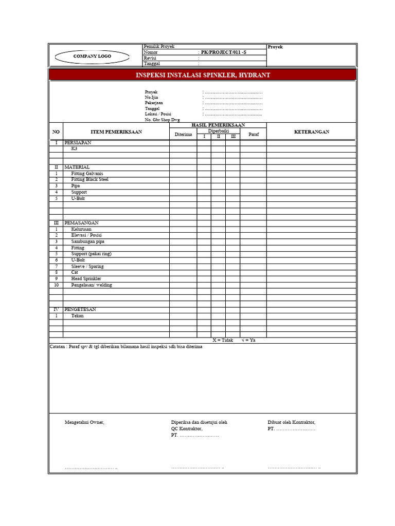 (Bizform) Formulir Inspeksi Instalasi Pipa Sprinkler-Hydrant | PDF