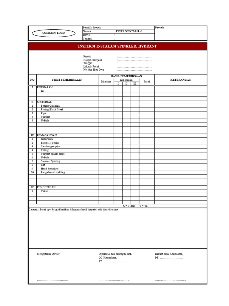 (Bizform) Formulir Inspeksi Instalasi Pipa Sprinkler-Hydrant | PDF