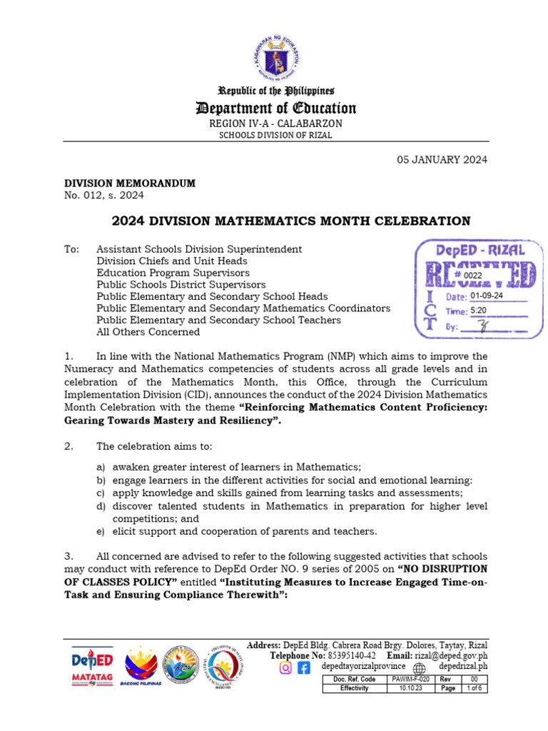 Division Memorandum No. 012, S. 2024 | PDF