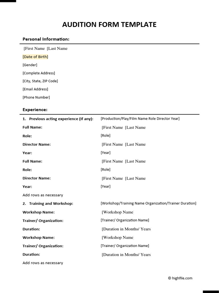 Audition Form Template - Word | PDF | Audition