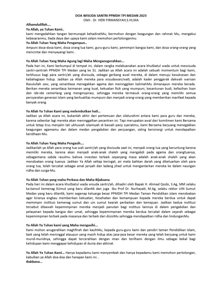 Doa Wisuda Santri PPMDH TPI 2023 | PDF