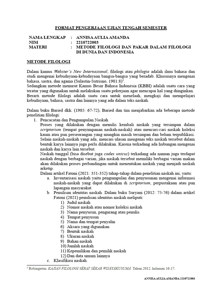 Metode Filologi Dan Pakar Dalam Filologi Di Dunia Dan Indonesia | PDF