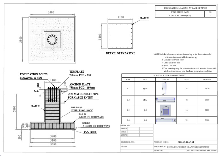 Foundation Drawing - 25M Mast | PDF | Materials | Engineering
