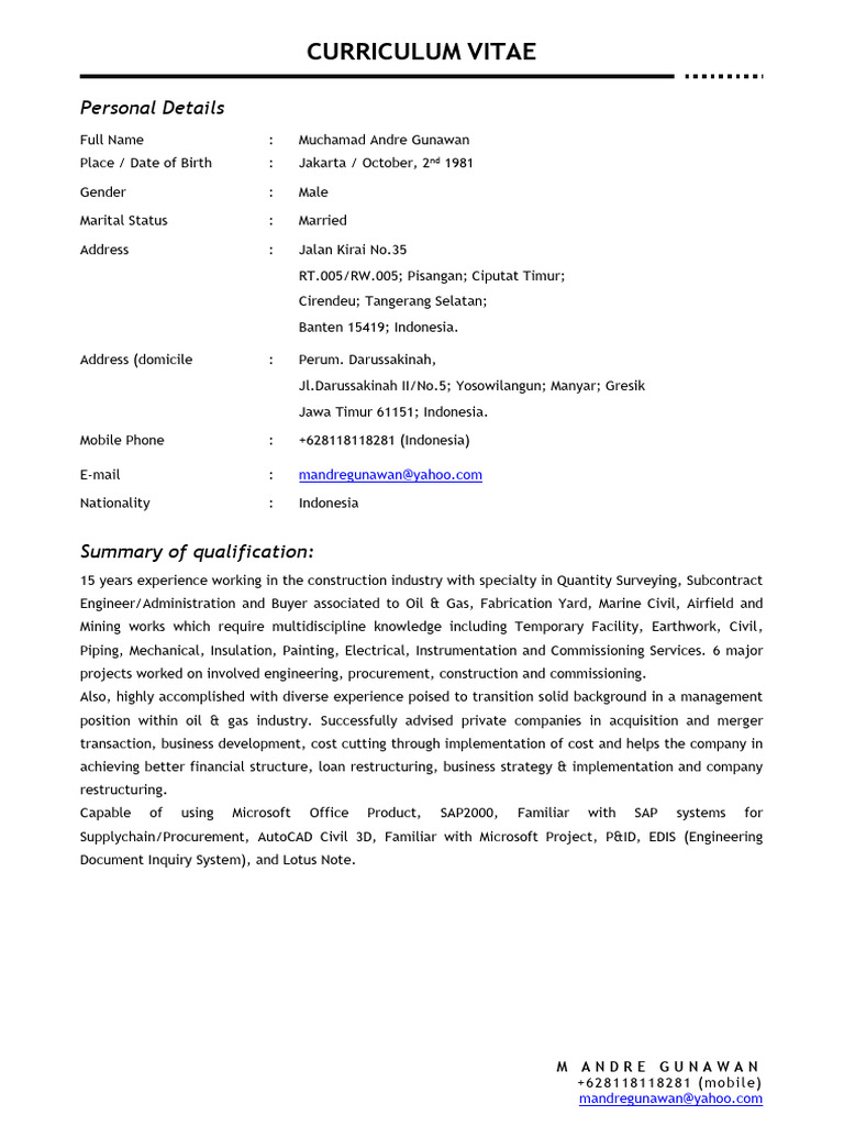2305 - CV - M Andre Gunawan | PDF | General Contractor | Specification ...