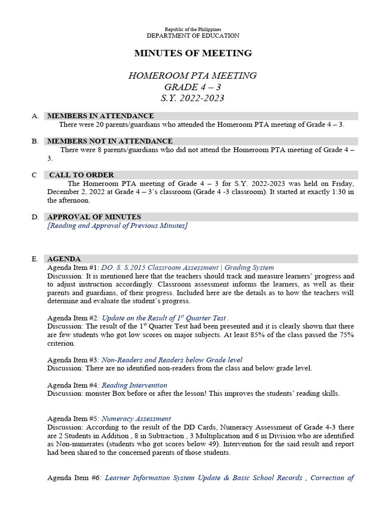 Pta Minutes01 | Download Free PDF | Teachers | Behavior Modification