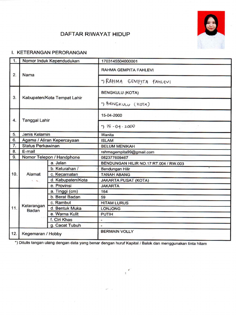 DRH Perorangan Dan Riwayat Hidup P3K Rahma | PDF