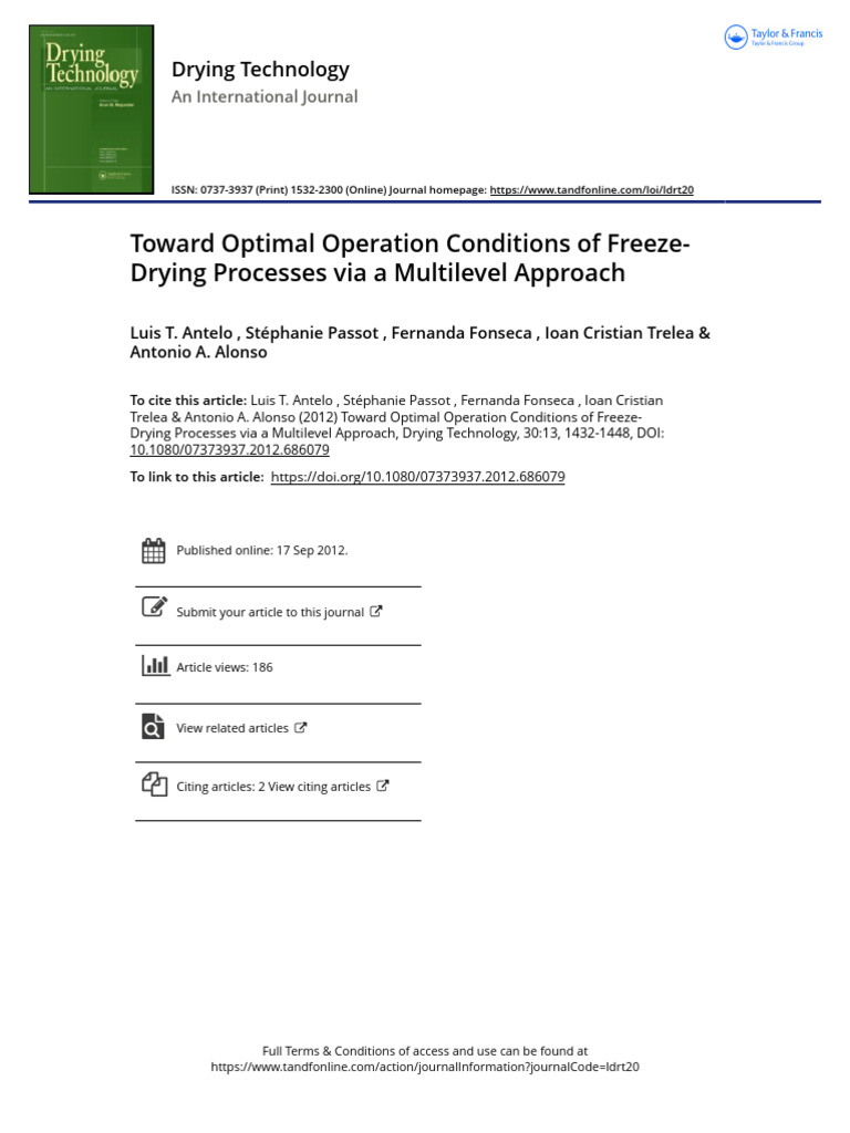 Toward Optimal Operation Conditions of Freeze Drying Processes Via A ... Toward Optimal Operation Conditions of Freeze Drying Processes Via A ...