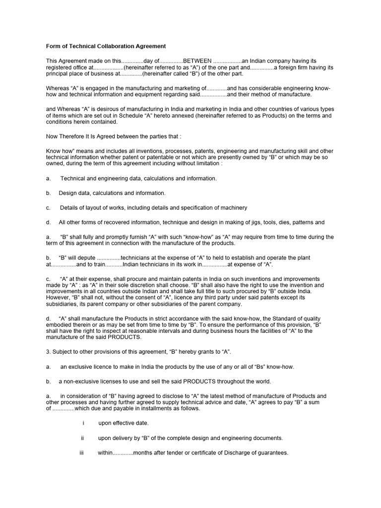 Form of Technical Collaboration Agreement | PDF