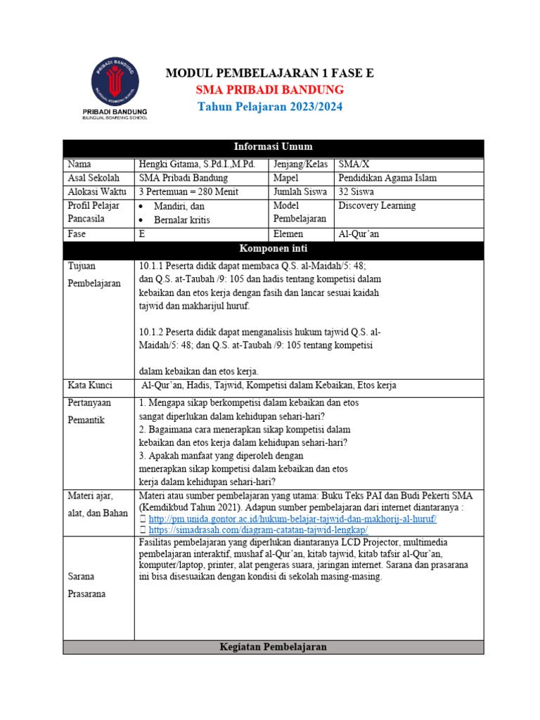 Modul Ajar 1 Kelas X (Etos Kerja) | PDF