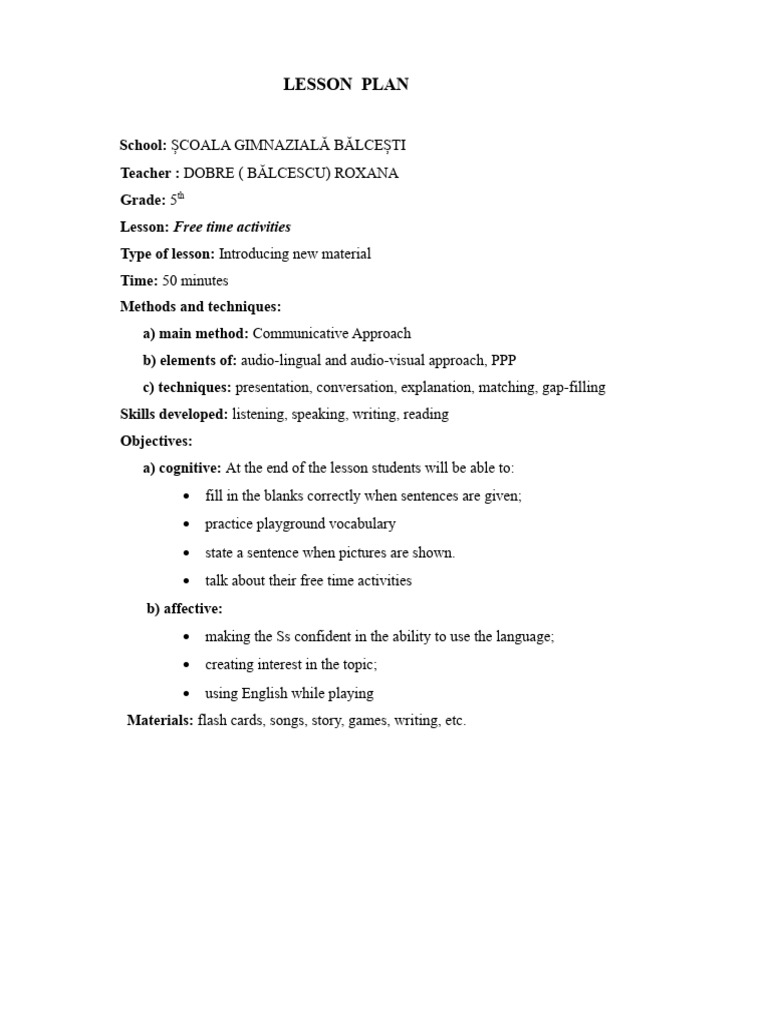 Grade 5 Free Time Activities Lesson Plan | PDF | Flashcard | Education ...